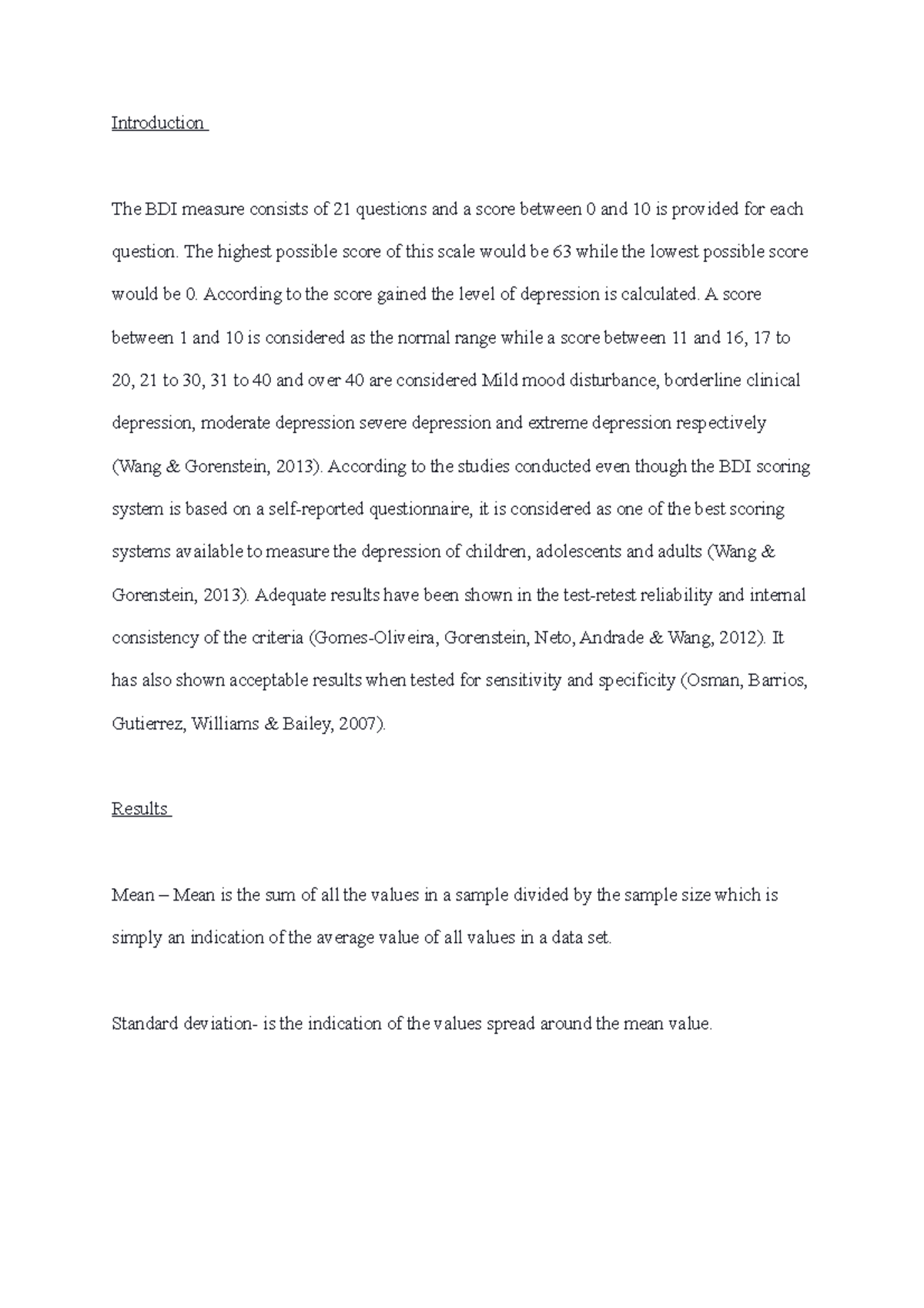 The results - rae - Introduction The BDI measure consists of 21 ...