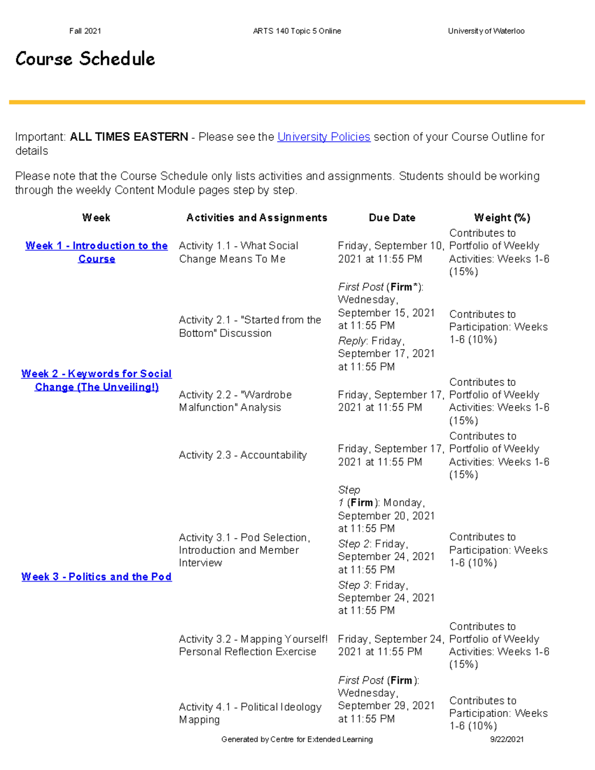 Fall 2021 ARTS 140 Course Schedule - Studocu