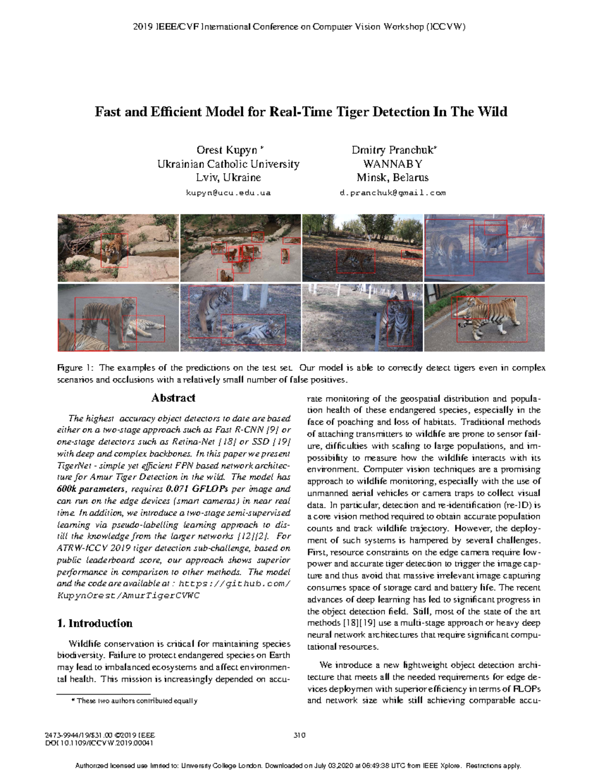 Kupyn 2019 - Fast and Efficient Model for Real-Time Tiger Detection In ...