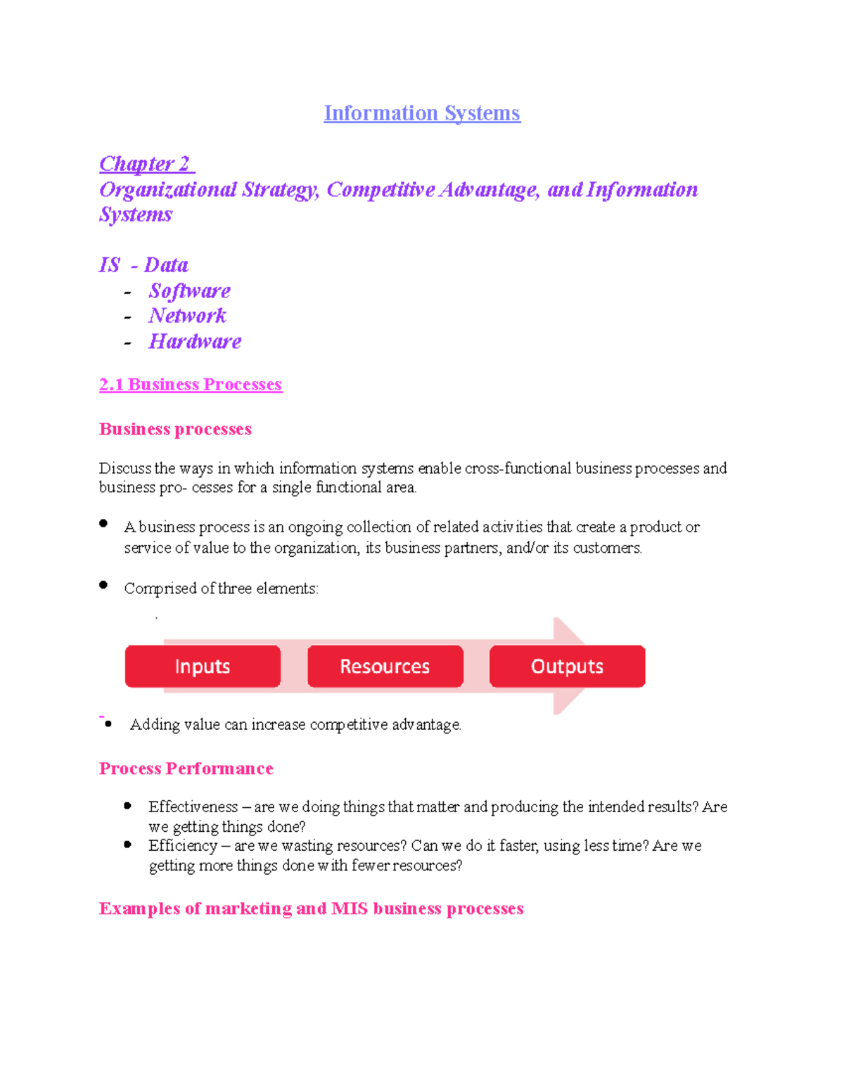 IS lecture notes - Information Systems Chapter 2 Organizational ...