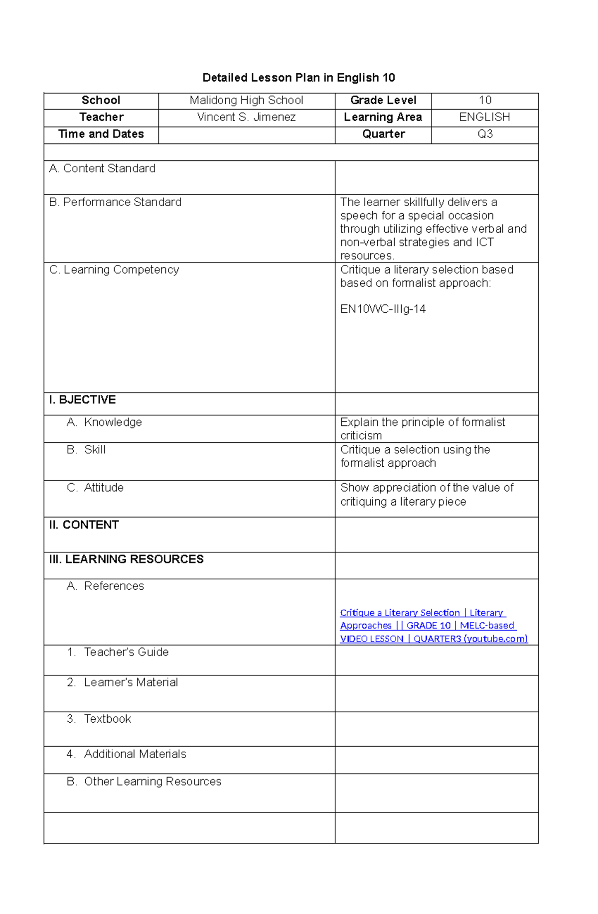 Detailed Lesson Plan in English 10 Formalism - Detailed Lesson Plan in ...