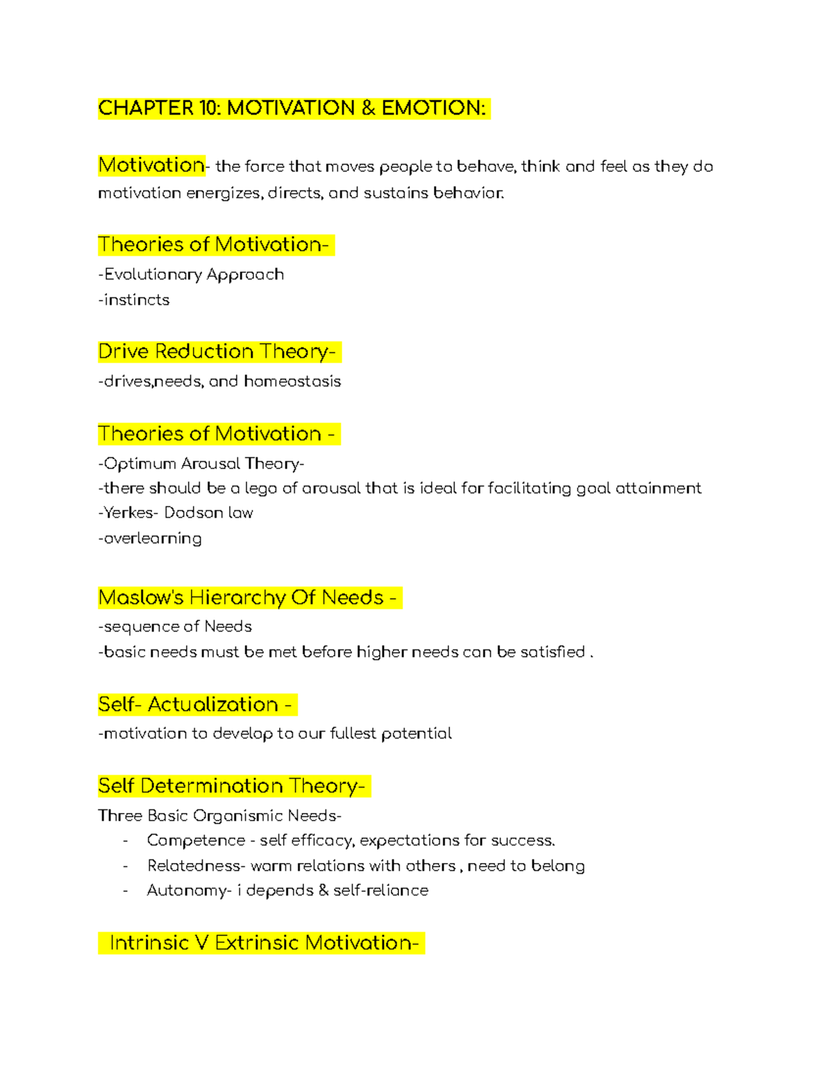 Psych 10 - CHAPTER 10: MOTIVATION & EMOTION: Motivation- the force that ...