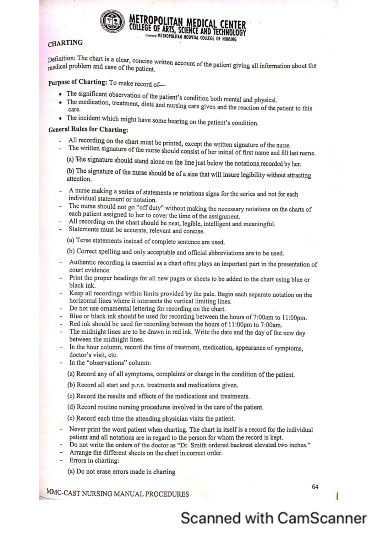 Charting retdem - METROPOLITAN MEDICAL CENTER COLLEGE OF ARTS, SCIENCE ...