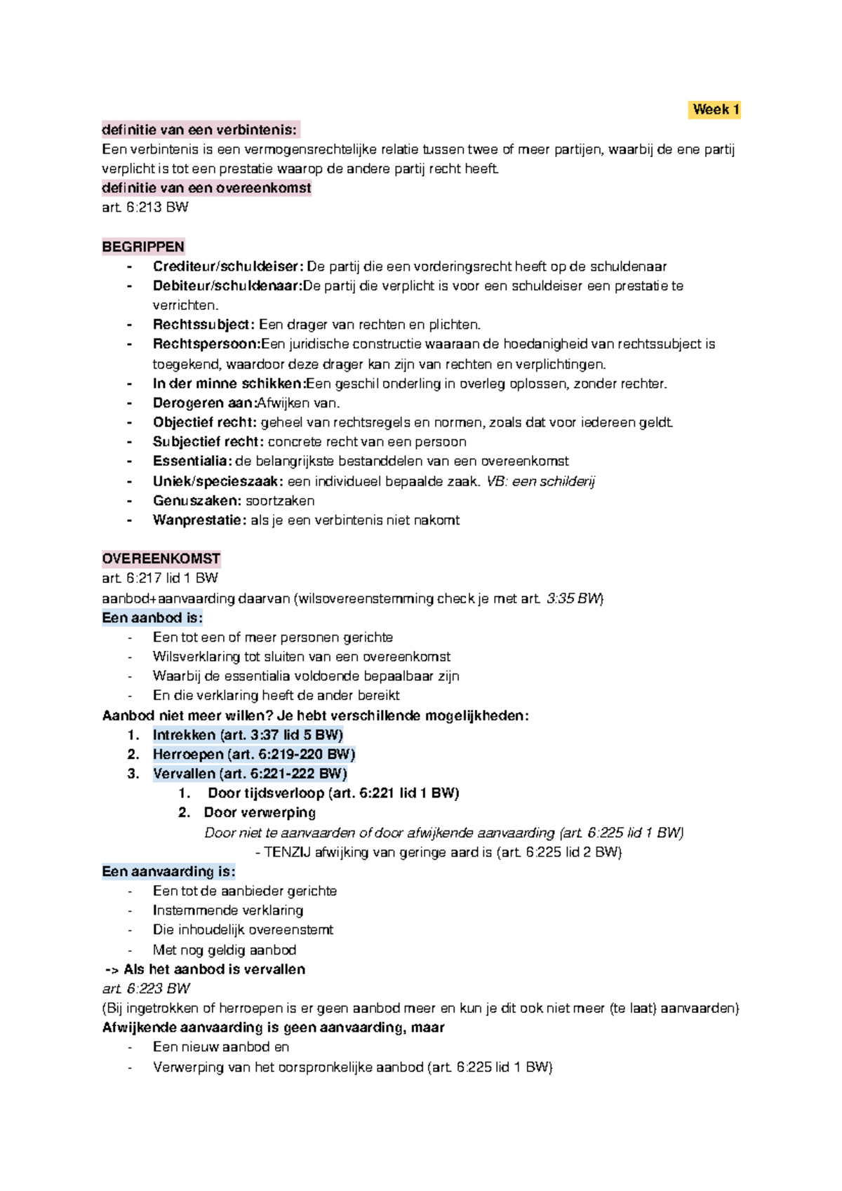 Boek verbintenissenrecht - Week 1 definitie van een verbintenis: Een ...