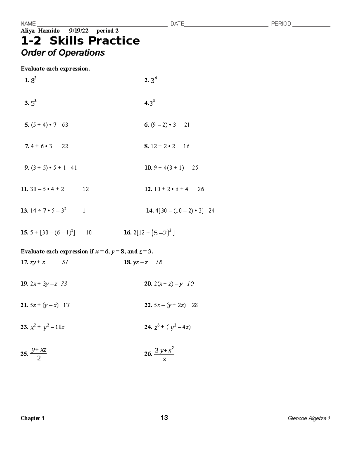 Skills Practice Order of Operations - NAME