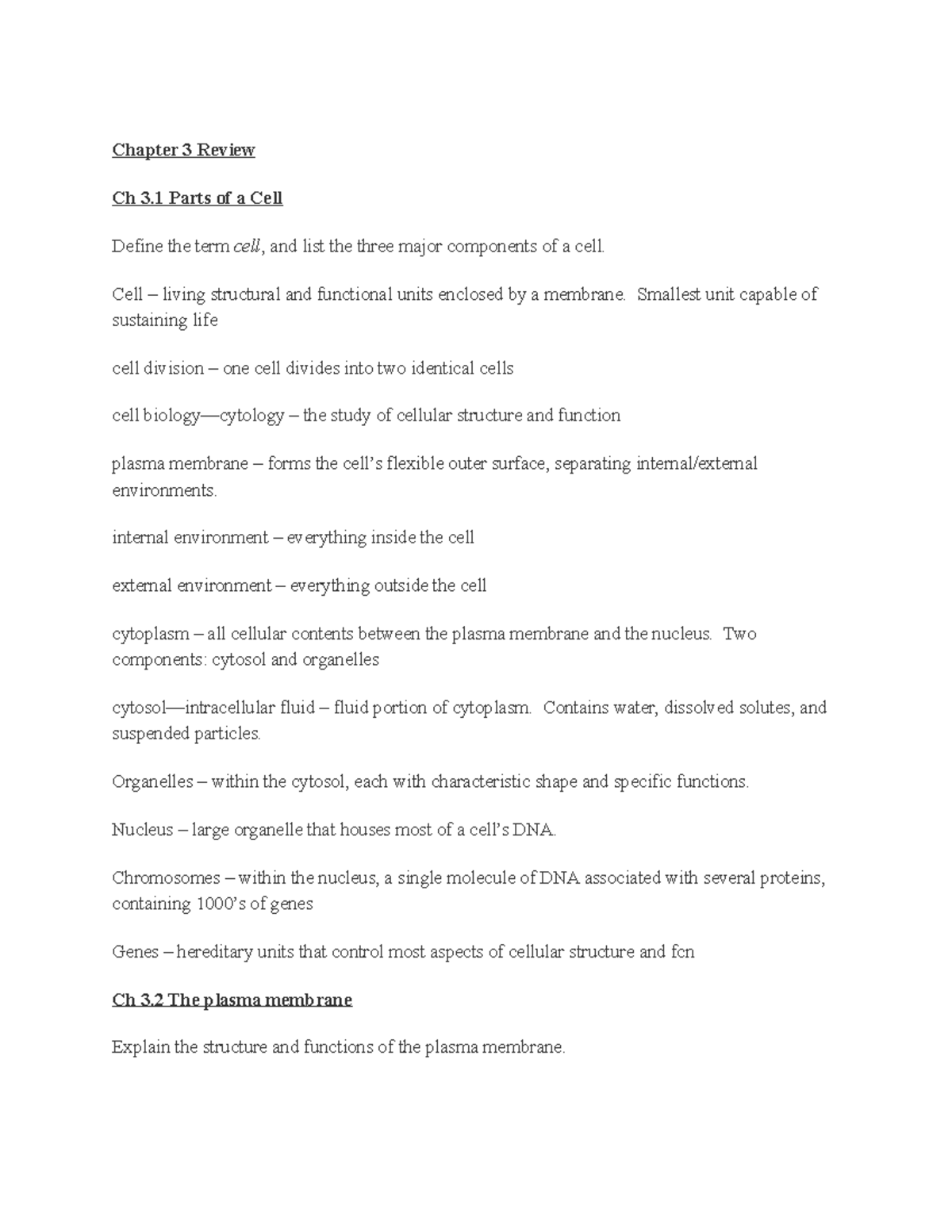 Chapter 3 Review - Chapter 3 Review Ch 3 Parts of a Cell Define the ...