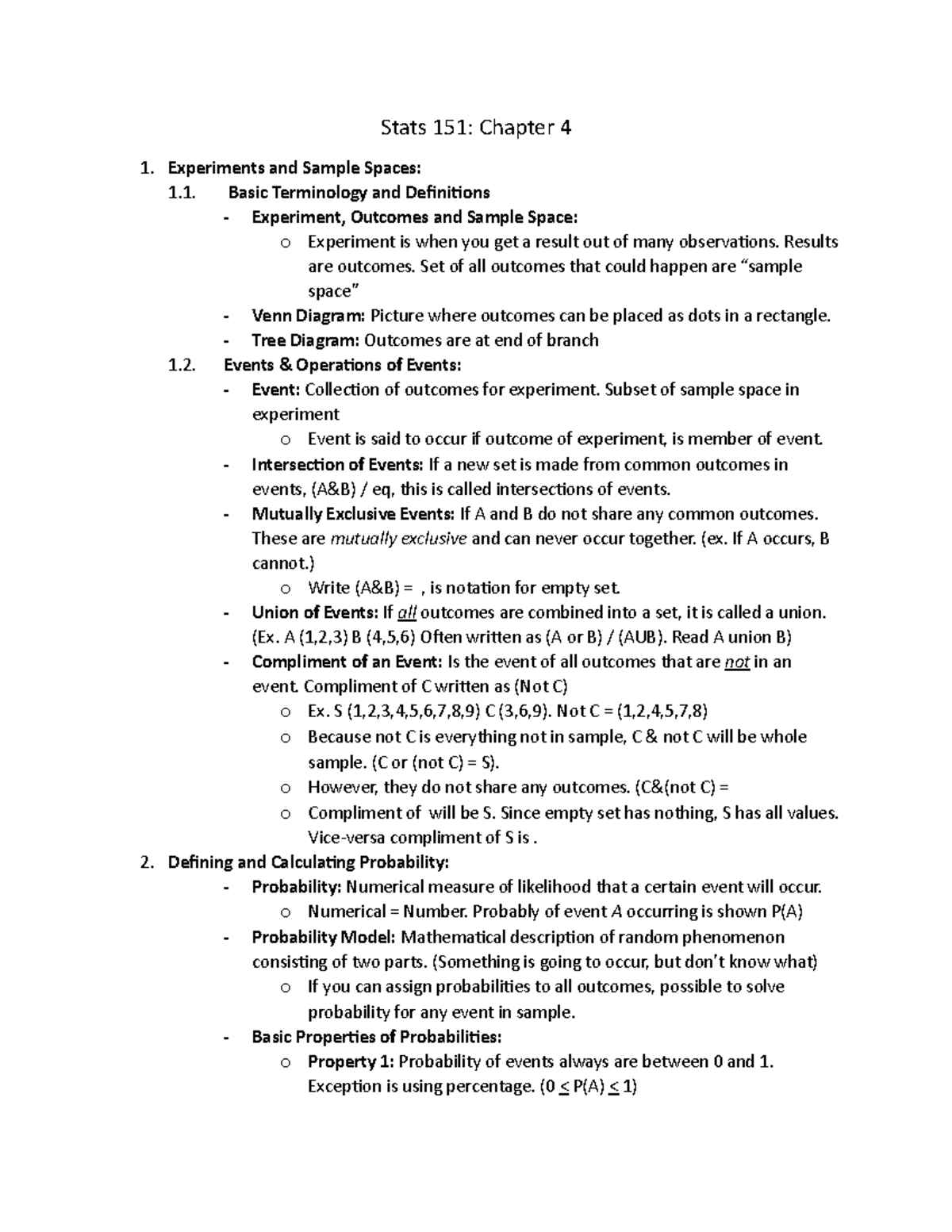 Chapter 4.1 - 4.3 - Stats 151: Chapter 4 Experiments and Sample Spaces: Basic Terminology and ...