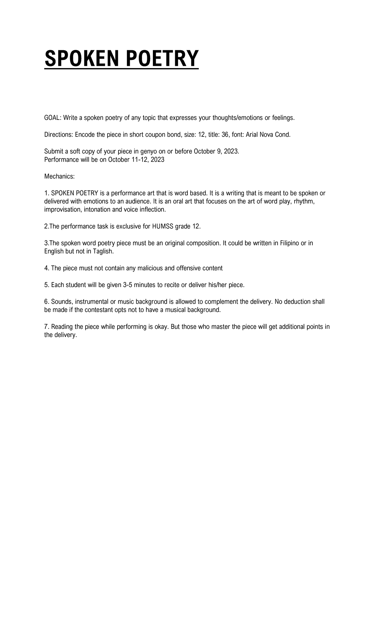 Spoken WORD Poetry Rubricss - SPOKEN POETRY GOAL: Write a spoken poetry ...