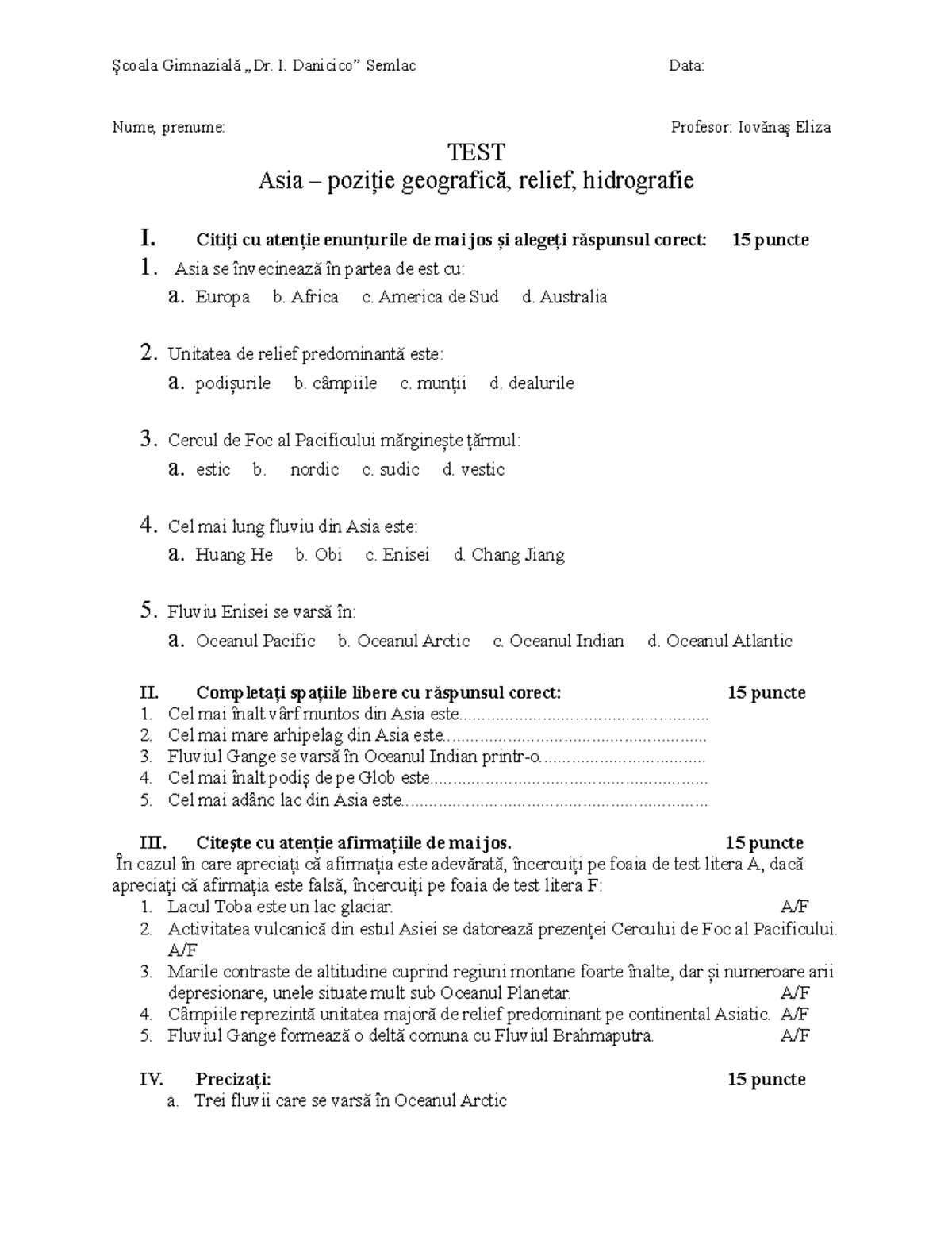 0 test asia pozitie geografica relief hidro - Școala Gimnazială „Dr. I ...
