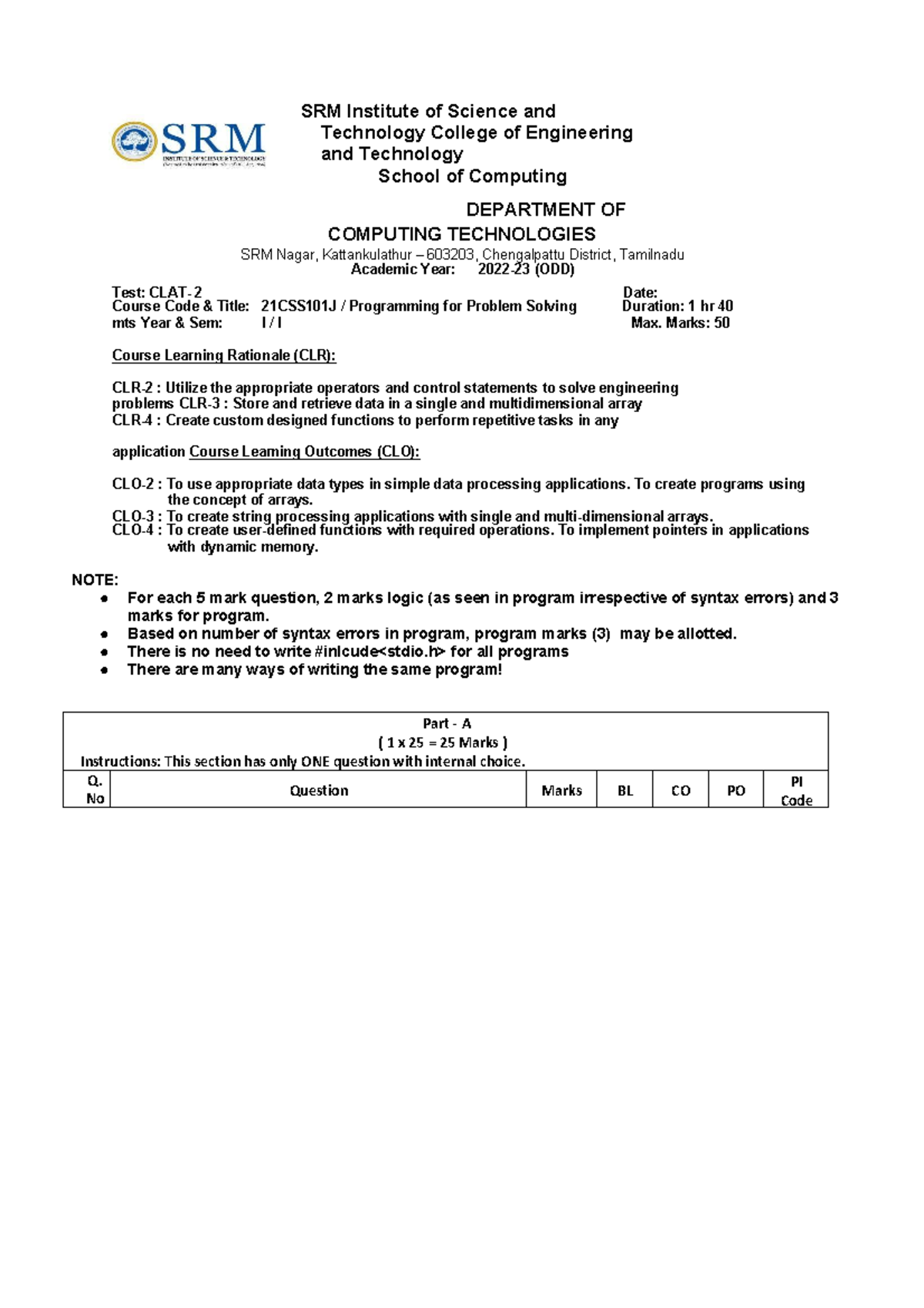 CT2 SET1 - SRM Institute of Science and Technology College of ...