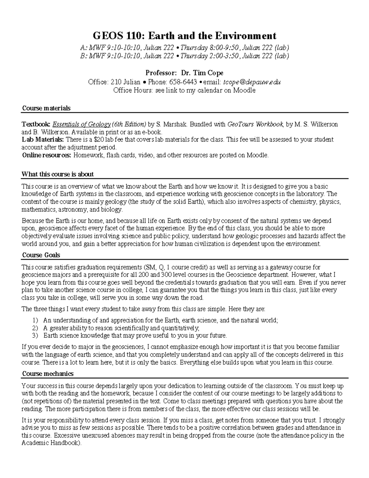 Syllabus Geos 110 F2019 - GEOS 110: Earth and the Environment A: MWF 9: ...