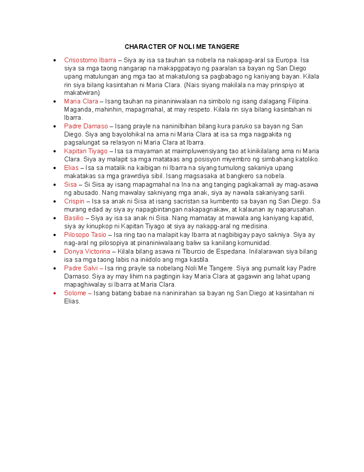 Character OF NOLI ME Tangere - CHARACTER OF NOLI ME TANGERE Crisostomo ...