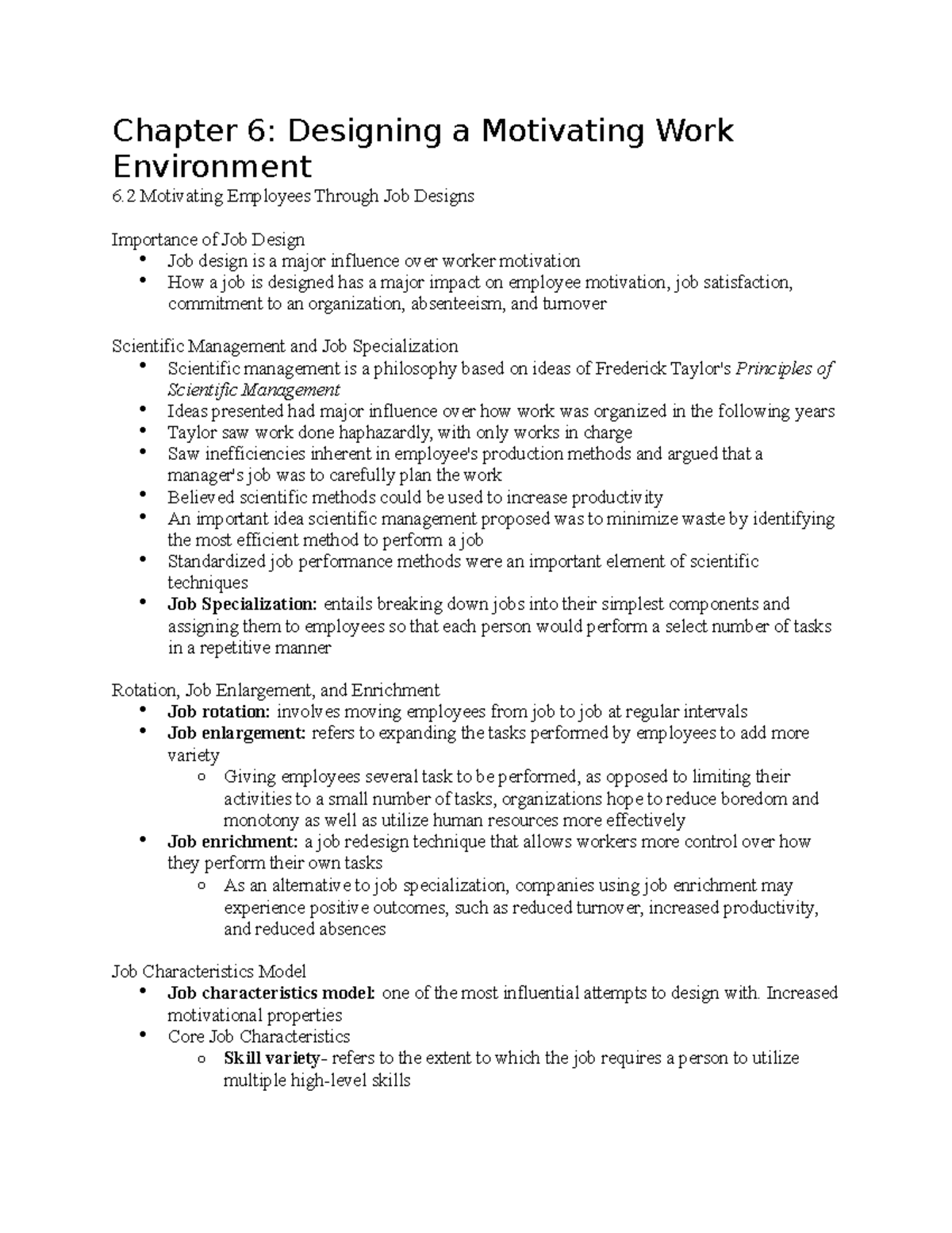 Chapter 6 Notes - Chapter 6: Designing a Motivating Work Environment 6 ...
