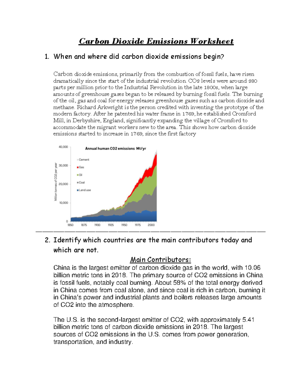 C02 Emissions Worksheet - Carbon Dioxide Emissions Worksheet 1. When ...