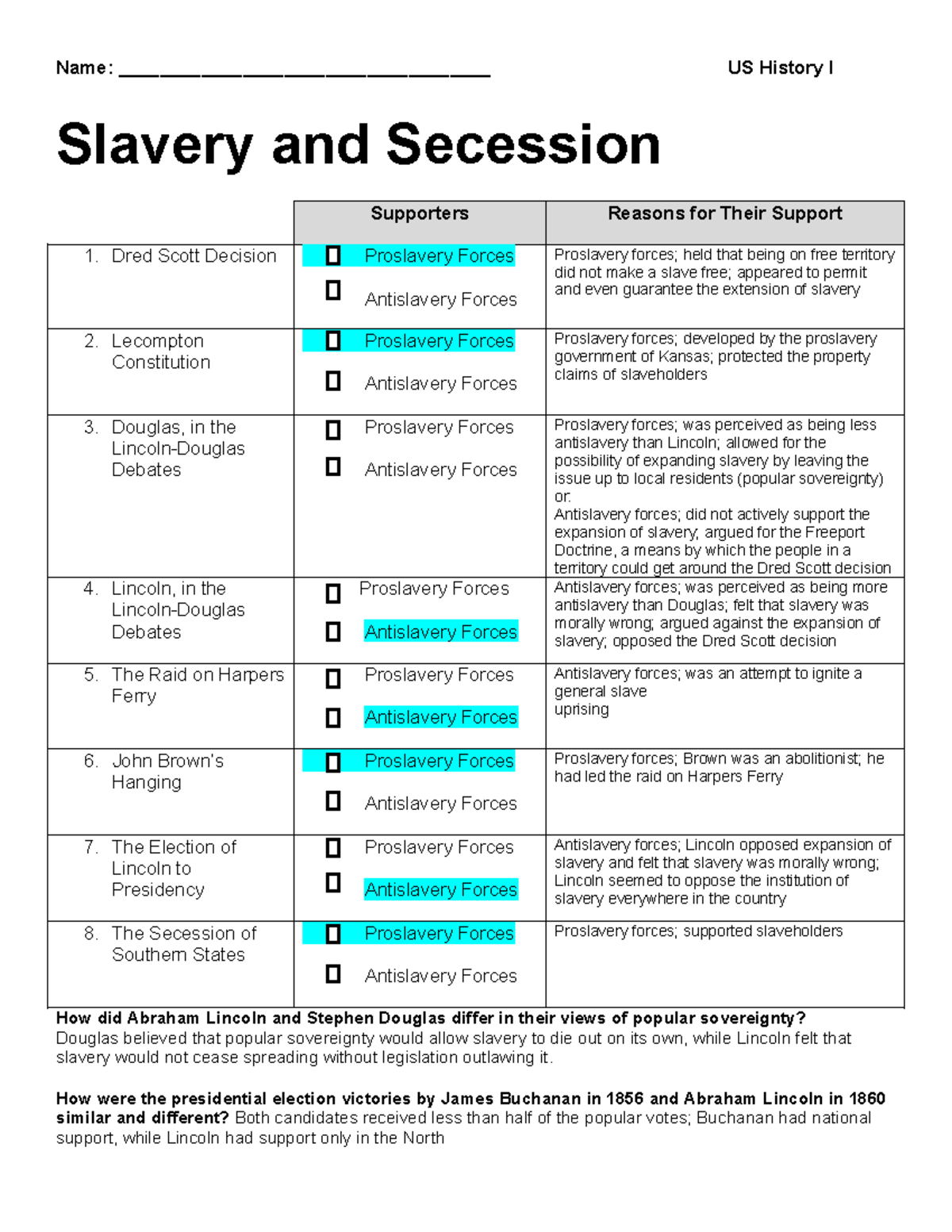 Slavery and Secession KEY - Name ...