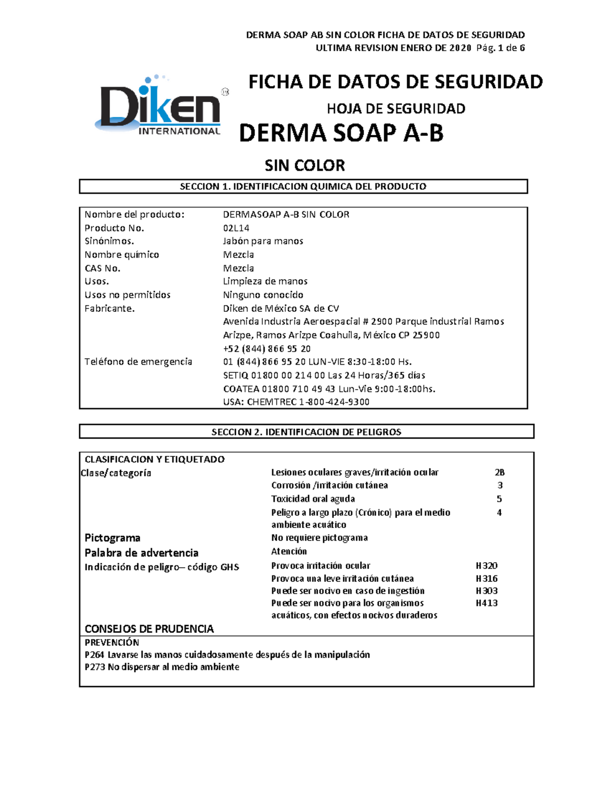 HDS Derma soap AB - Hoja de datos de seguridad - ULTIMA REVISION ENERO ...