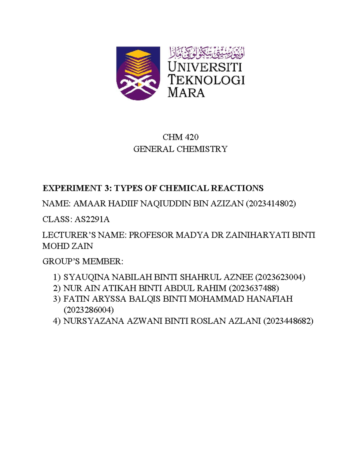 CHM 420 Experiment 3 lab report - CHM 420 GENERAL CHEMISTRY EXPERIMENT ...