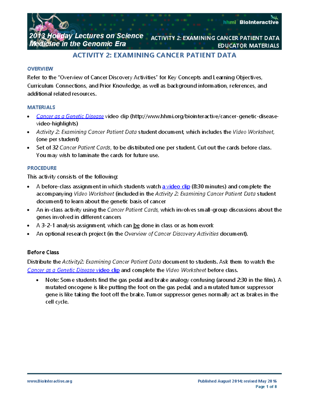 Activity 2 Cancer Patients Teacher - BioInteractive Published August ...