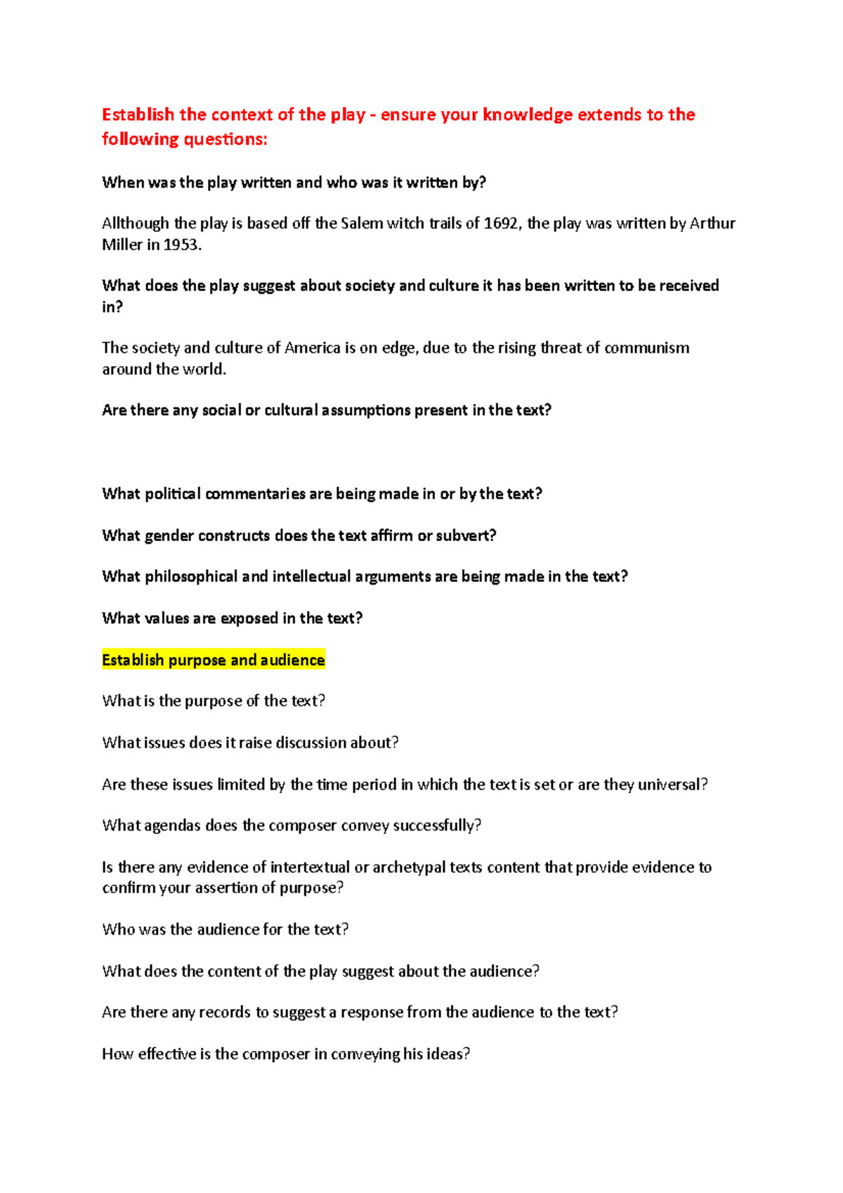 Establish the context of the play - What does the play suggest about ...