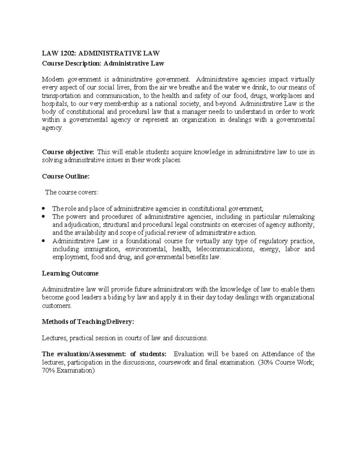 LAW 1202 outline Admin Law - LAW 1202: ADMINISTRATIVE LAW Course ...