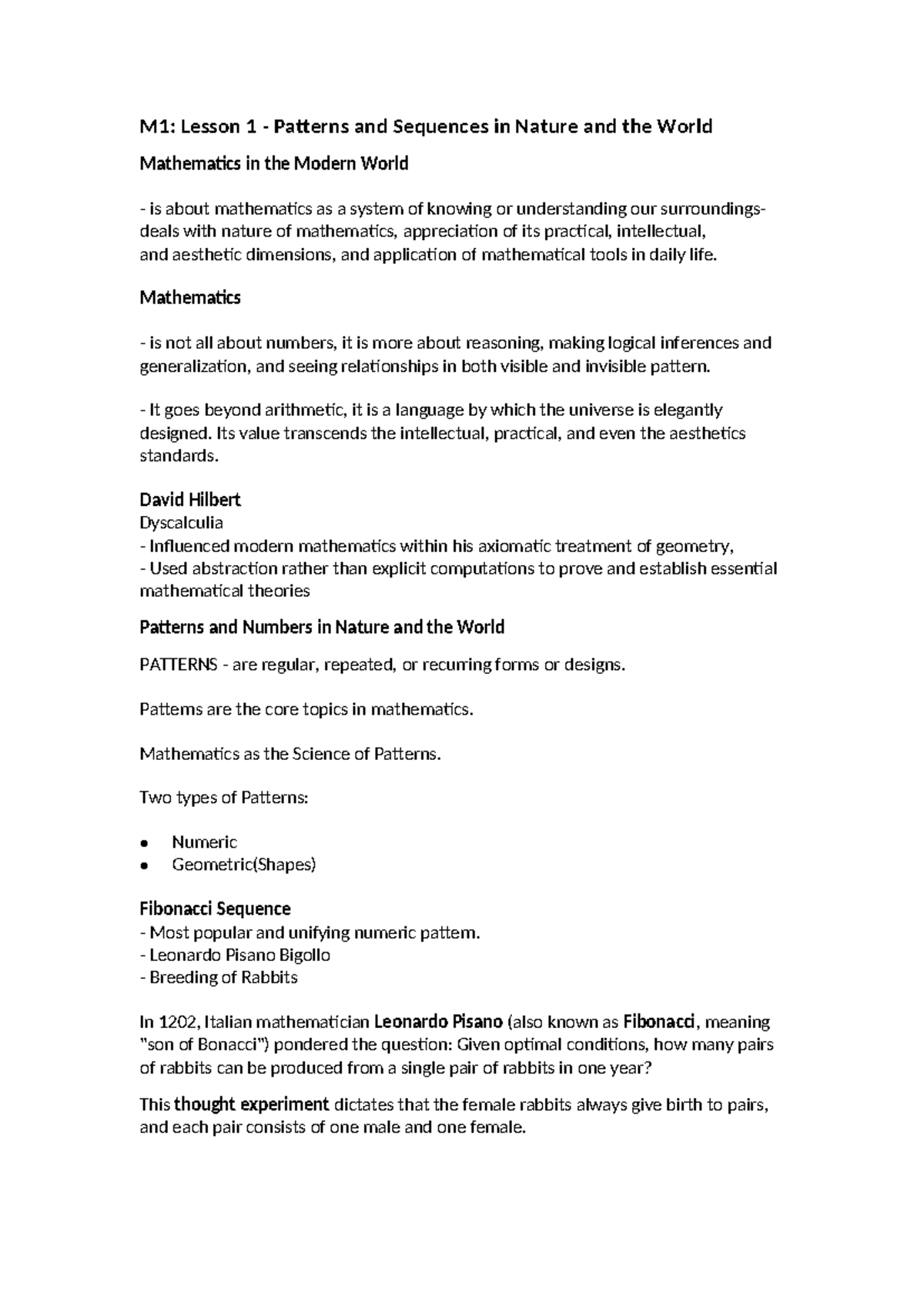 MMW M1-M3 - notes - M1: Lesson 1 - Patterns and Sequences in Nature and ...