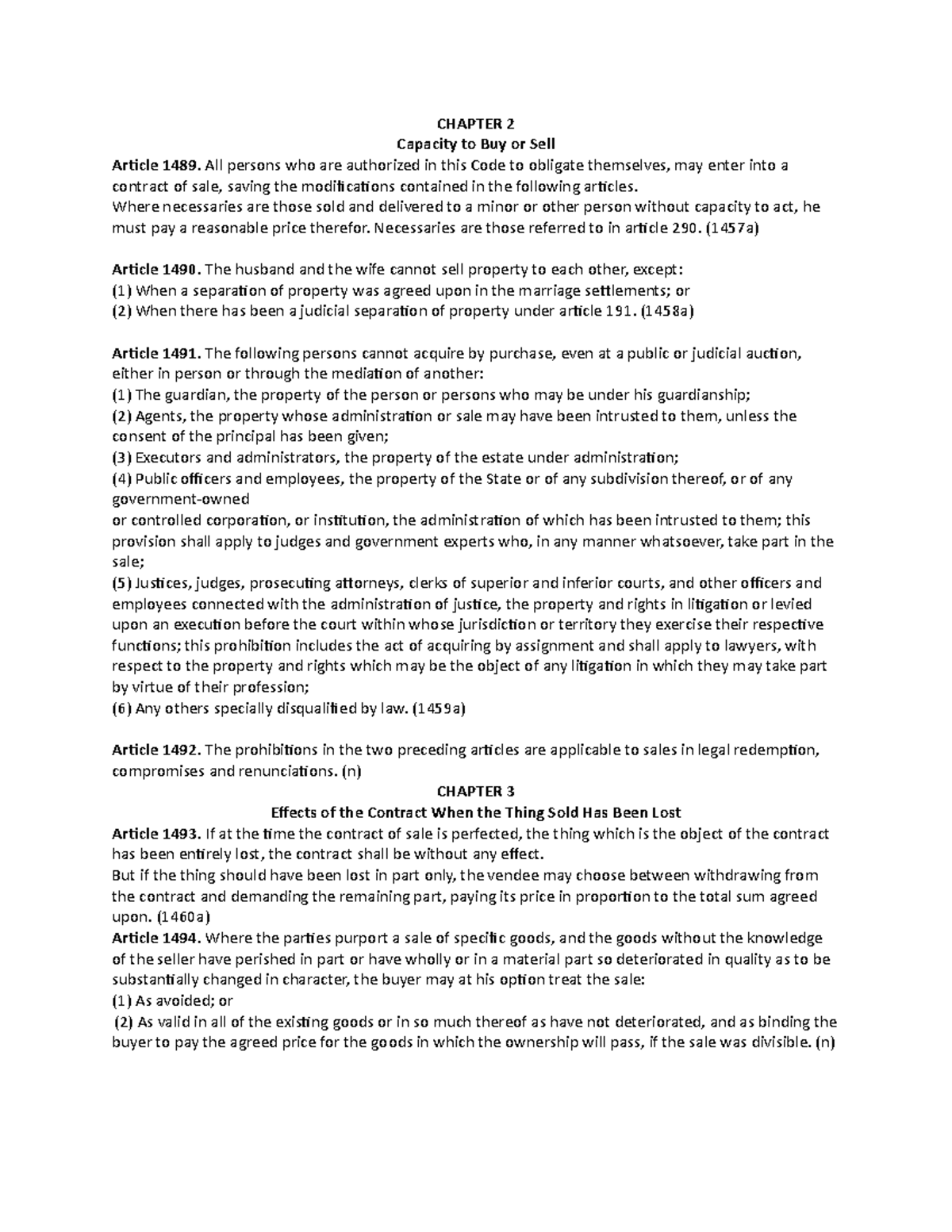 Law on sales article - CHAPTER 2 Capacity to Buy or Sell Article 1489 ...