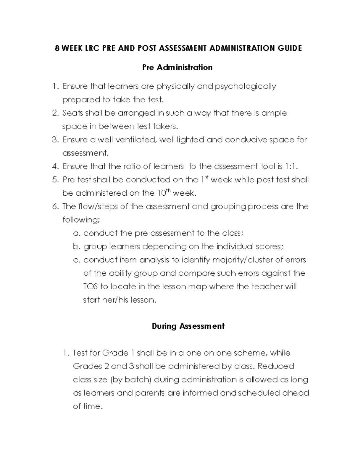 8 WEEK LRC PRE AND POST Assessment Administration Guide - 8 WEEK LRC ...