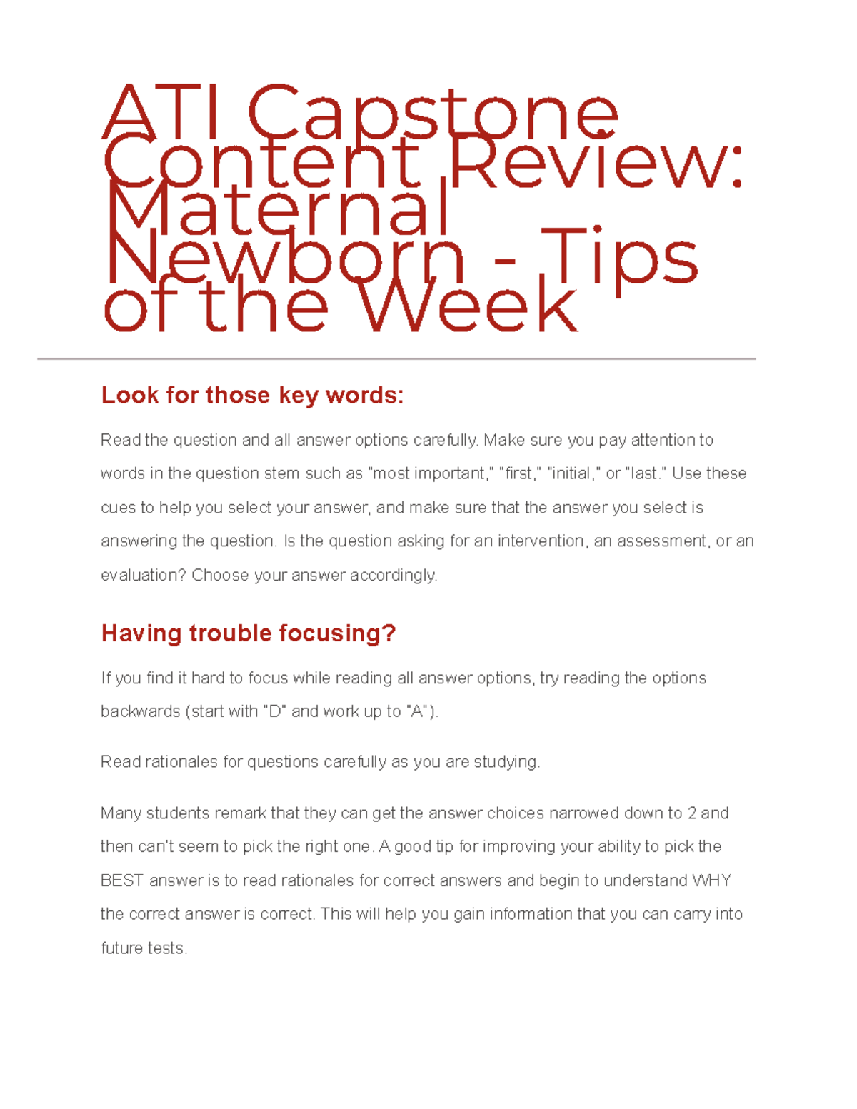 ATI Capstone Content Review Maternal Newborn - Tips of the Week ...