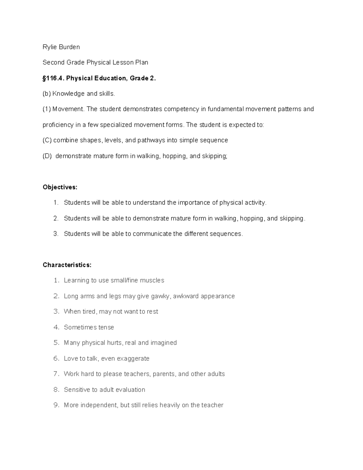 Physical Lesson Plan - Rylie Burden Second Grade Physical Lesson Plan ...