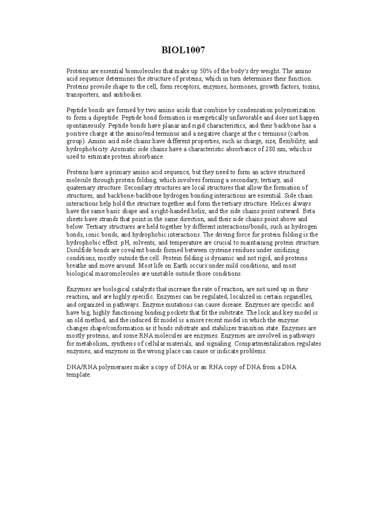 BIOL1007 Notes 2 - BIOL Proteins are essential biomolecules that make ...