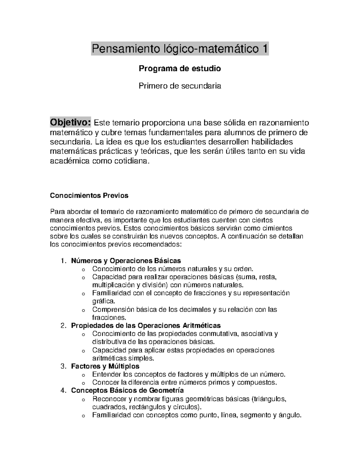 Programa Pensamiento lógico matematico 1° secundaria - Pensamiento ...