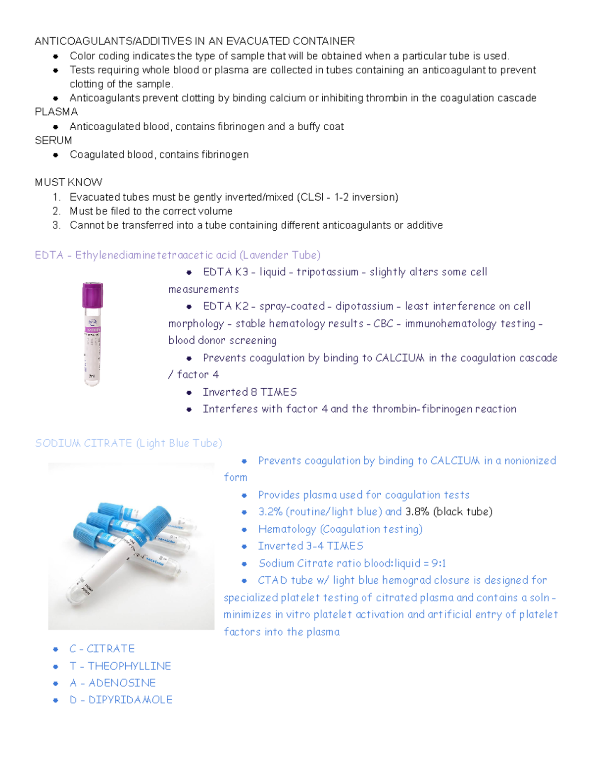 ETS - ANTICOAGULANTS/ADDITIVES IN AN EVACUATED CONTAINER Color coding ...