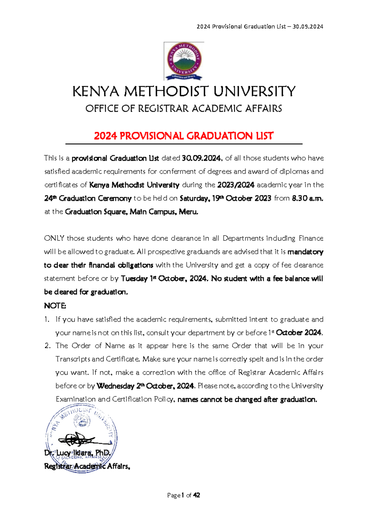 Provisional Graduation LIST 2024 30 - KENYA METHODIST UNIVERSITY OFFICE ...