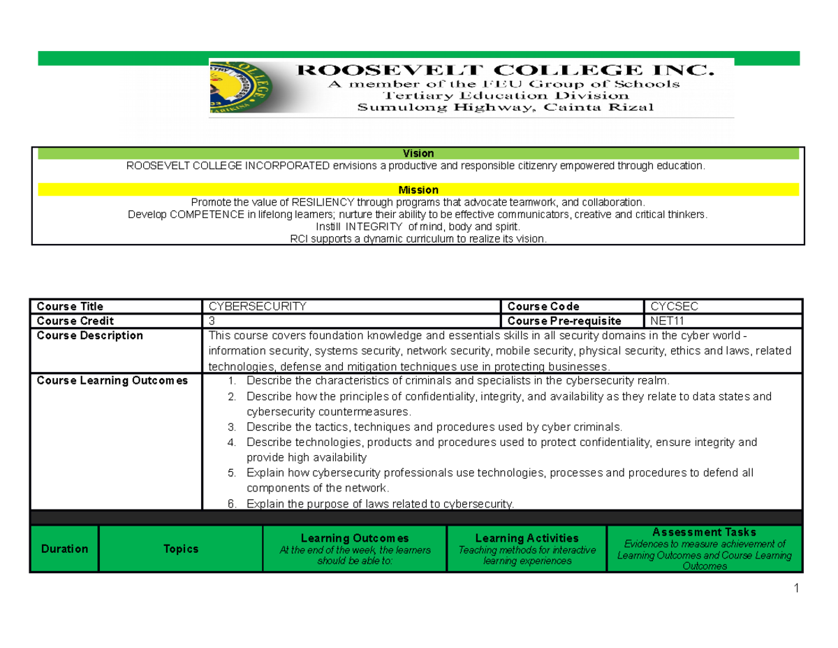 Cybersecurity Syllabus - Vision ROOSEVELT COLLEGE INCORPORATED ...