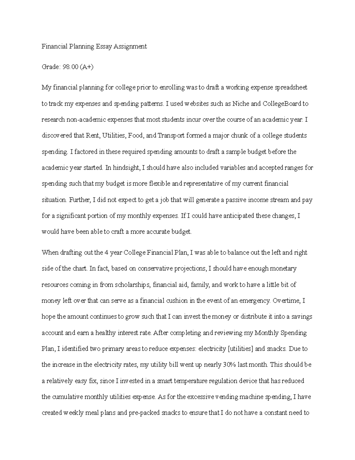 Reflection Paper on Financial Plan - Financial Planning Essay ...