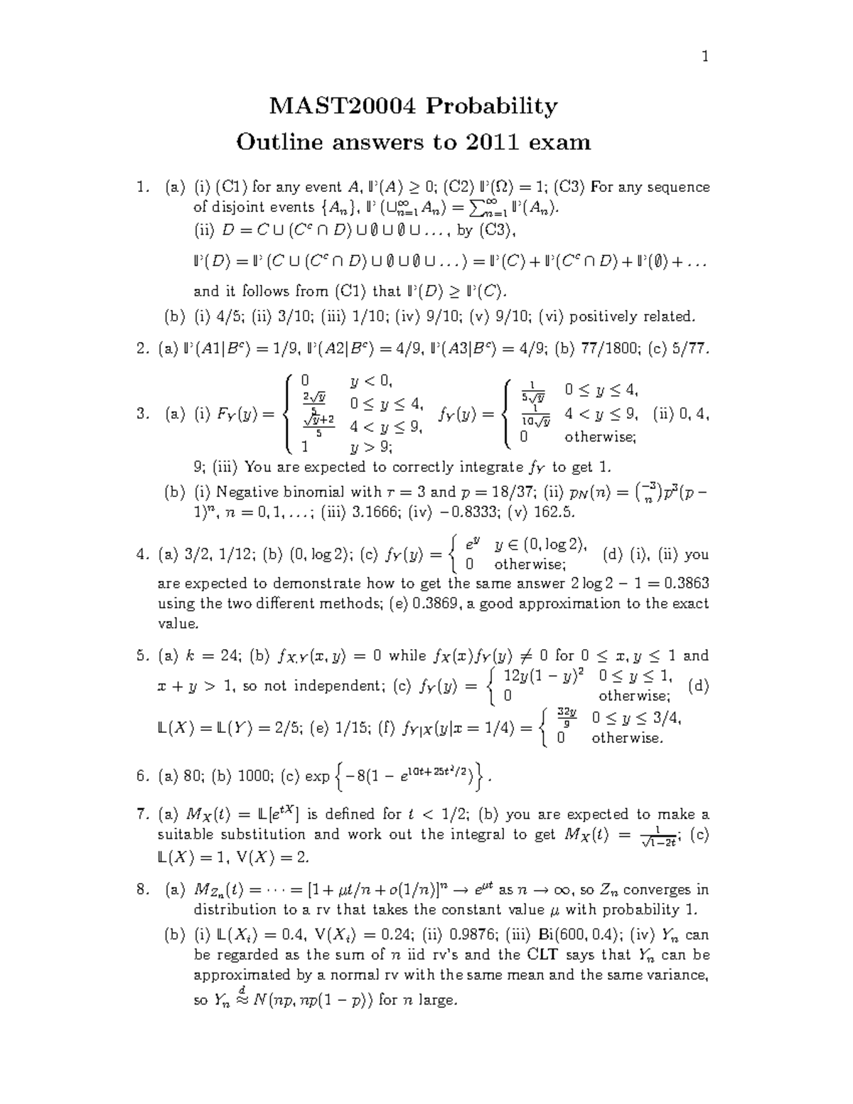Exam 2011, questions and answers - 1 MAST20004 Probability Outline ...