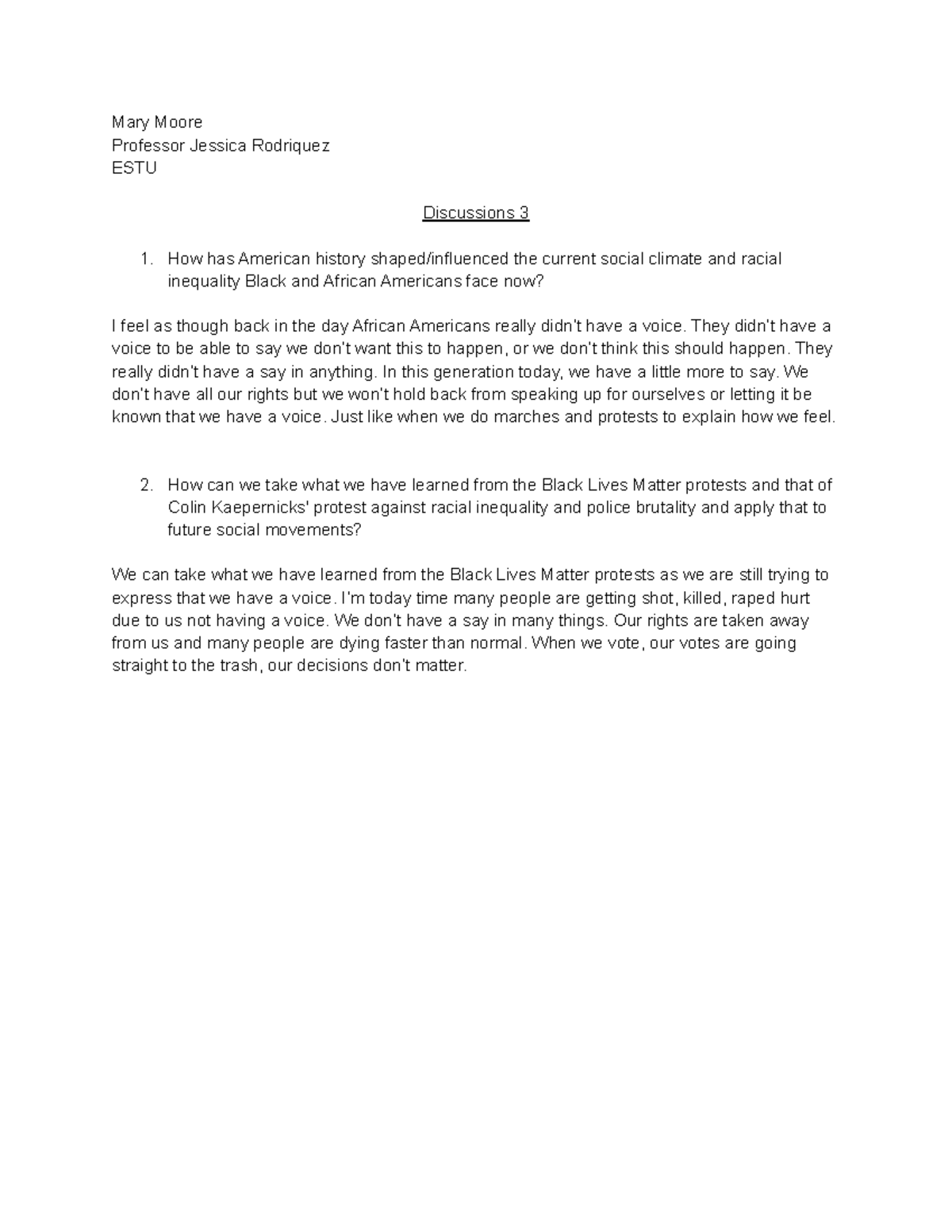 Discussion 3- ESTU - It’s great notes ! - Mary Moore Professor Jessica ...