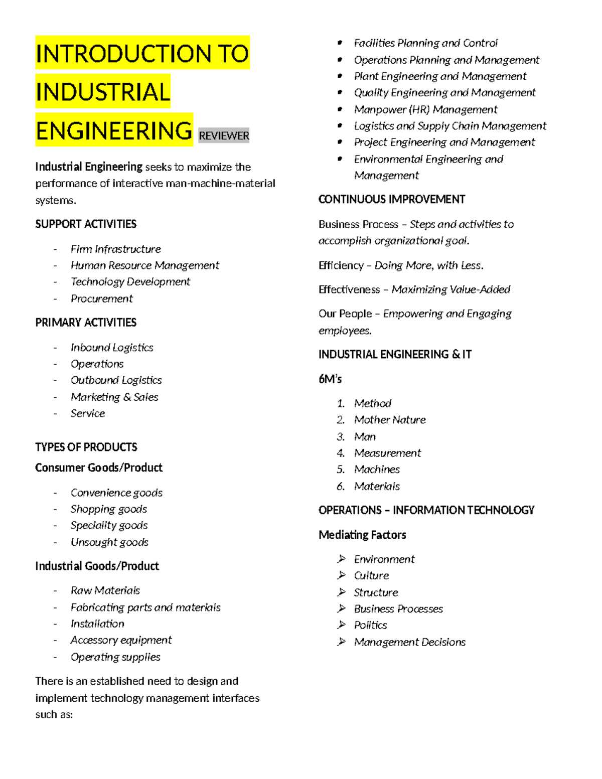 Ite - reviewer - INTRODUCTION TO INDUSTRIAL ENGINEERING REVIEWER ...
