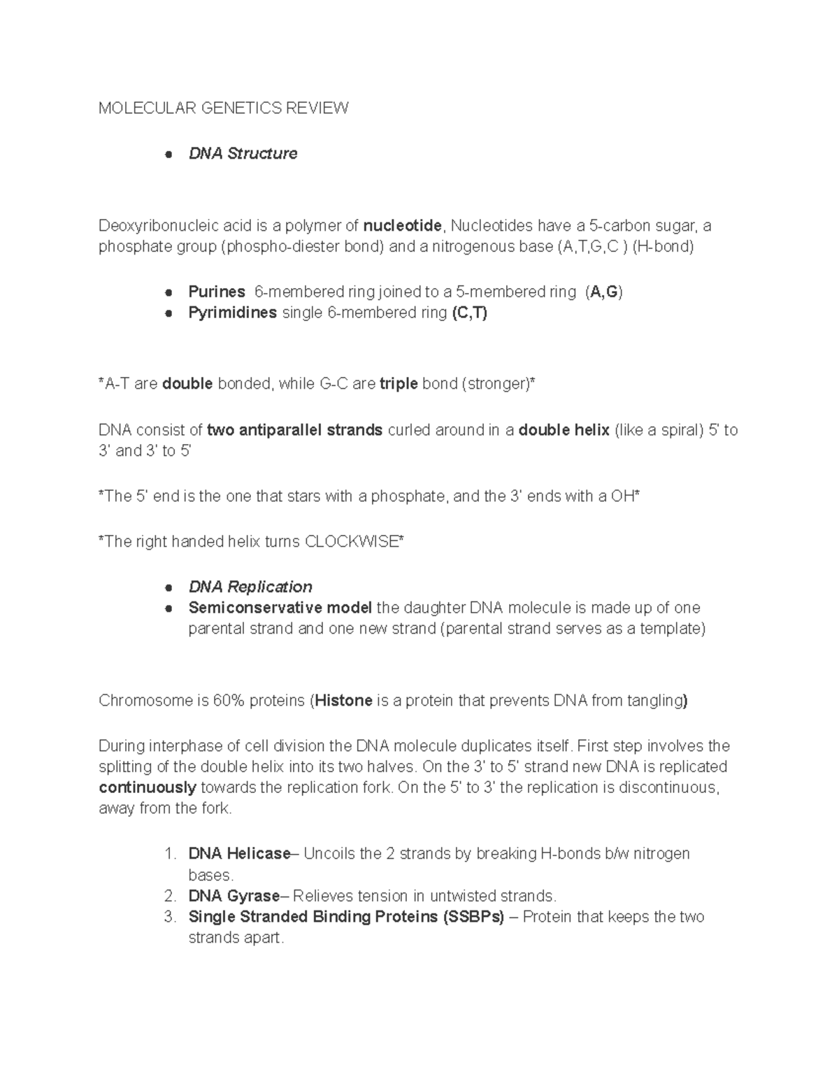 Molecular genetics notes - MOLECULAR GENETICS REVIEW DNA Structure ...
