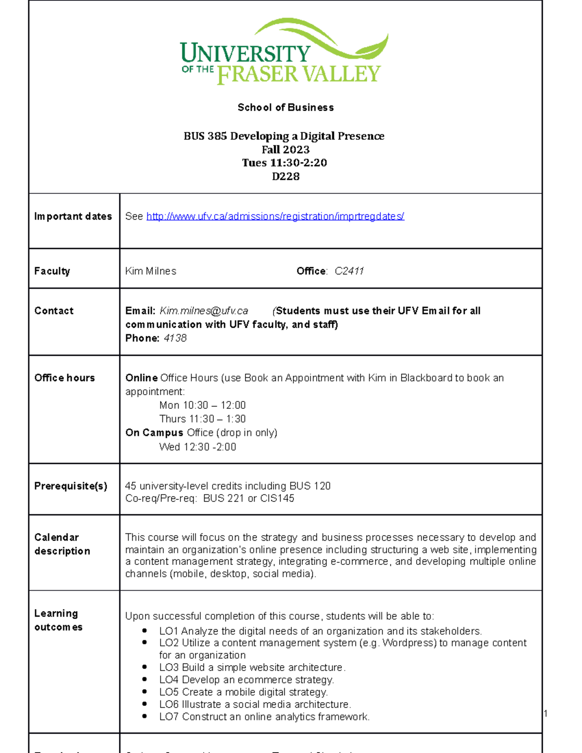 BUS 385 Course Syllabus F23 - 1 School of Business BUS 385 Developing a ...