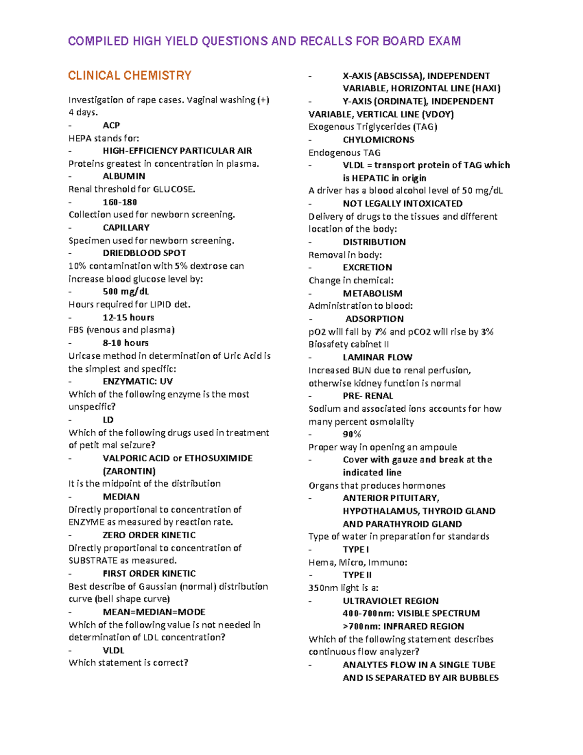 Compiled HIGH Yield Questions AND Recalls FOR Board EXAM - CLINICAL ...