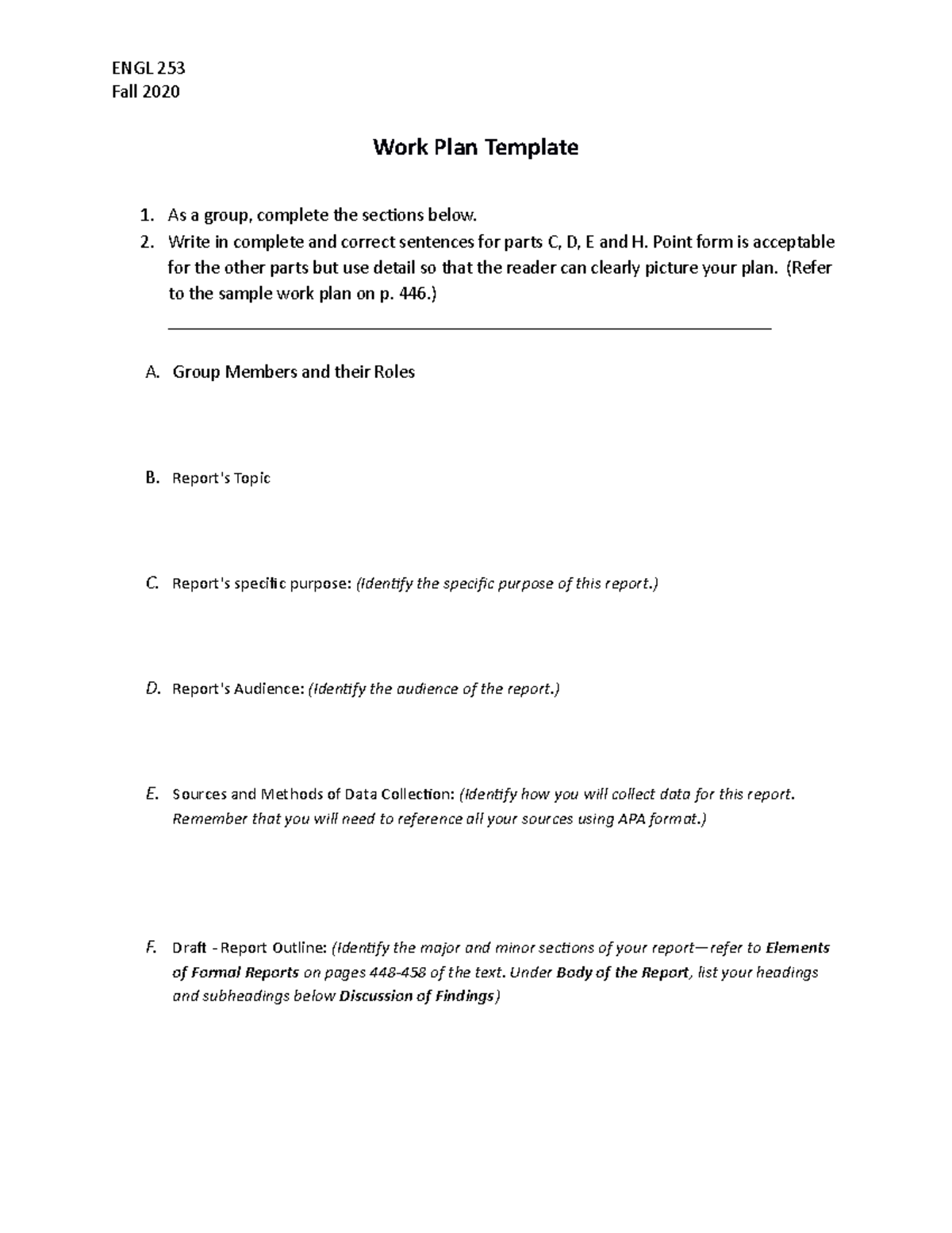 20F Work Plan Template - ENGL 253 Fall 2020 Work Plan Template 1. As a ...