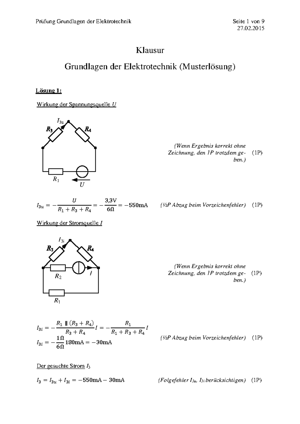 Klausur 27 Februar 2015 - 27. Klausur Grundlagen der Elektrotechnik (Musterlösung) Lösung 1 ...