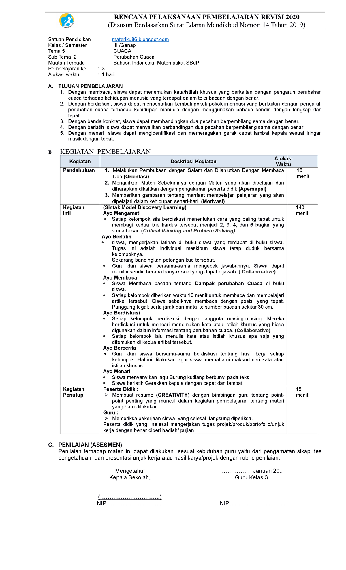 [materiku 86.blogspot.com] RPP Kelas 3 Tema 5 Subtema 2 Pembelajaran 3 K13 Revisi 2020 - RENCANA ...