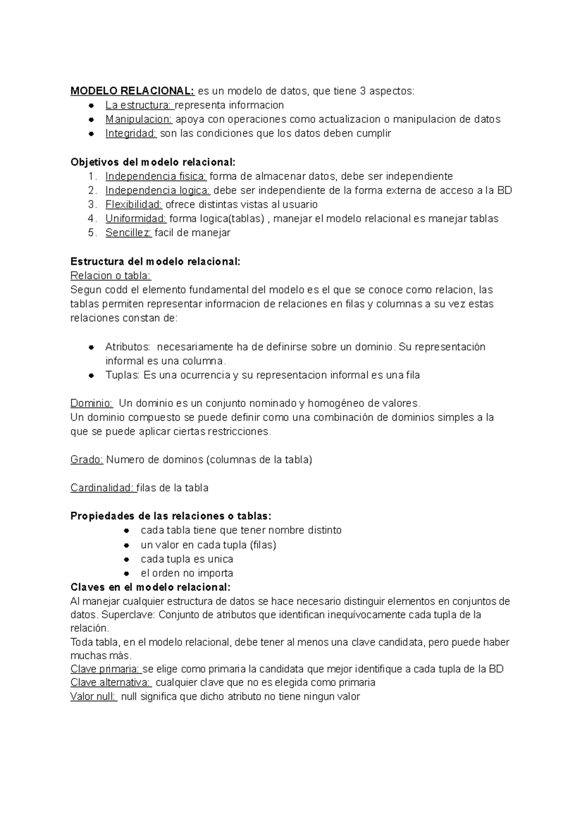 Modelo Relacional - MODELO RELACIONAL: es un modelo de datos, que tiene 3 aspectos: La ...