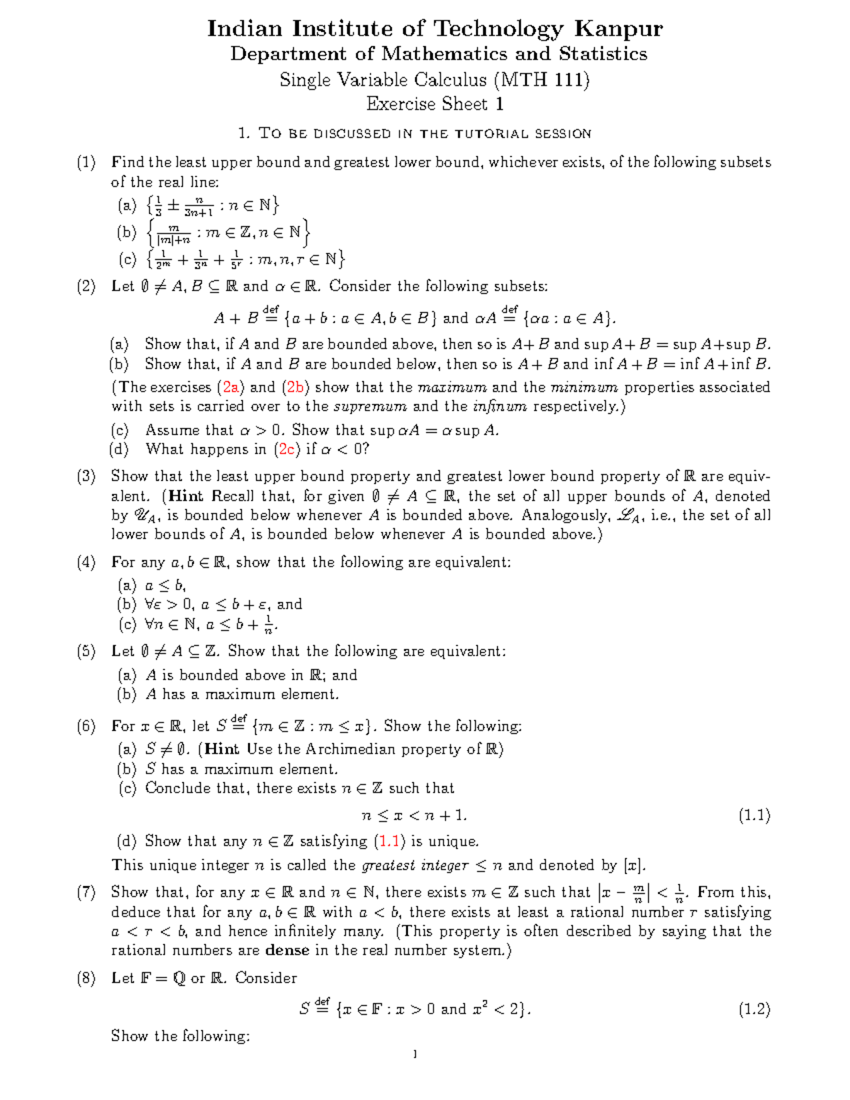 Assignment 1 - Real Analysis - Indian Institute of Technology Kanpur Department of Mathematics ...