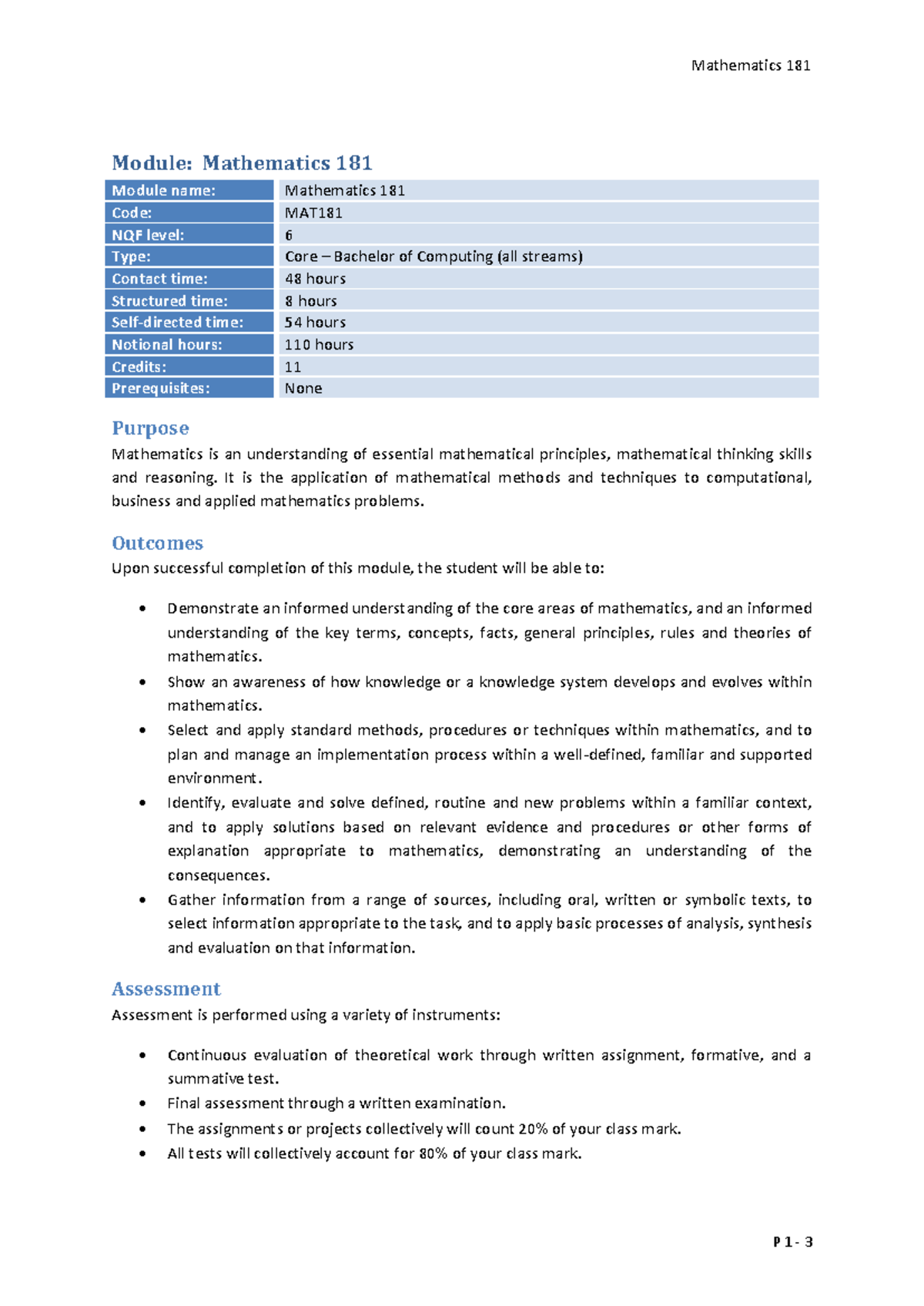 Mathematics-181-MAT181 - Mathematics 181 P 1 - 3 Module: Mathematics ...