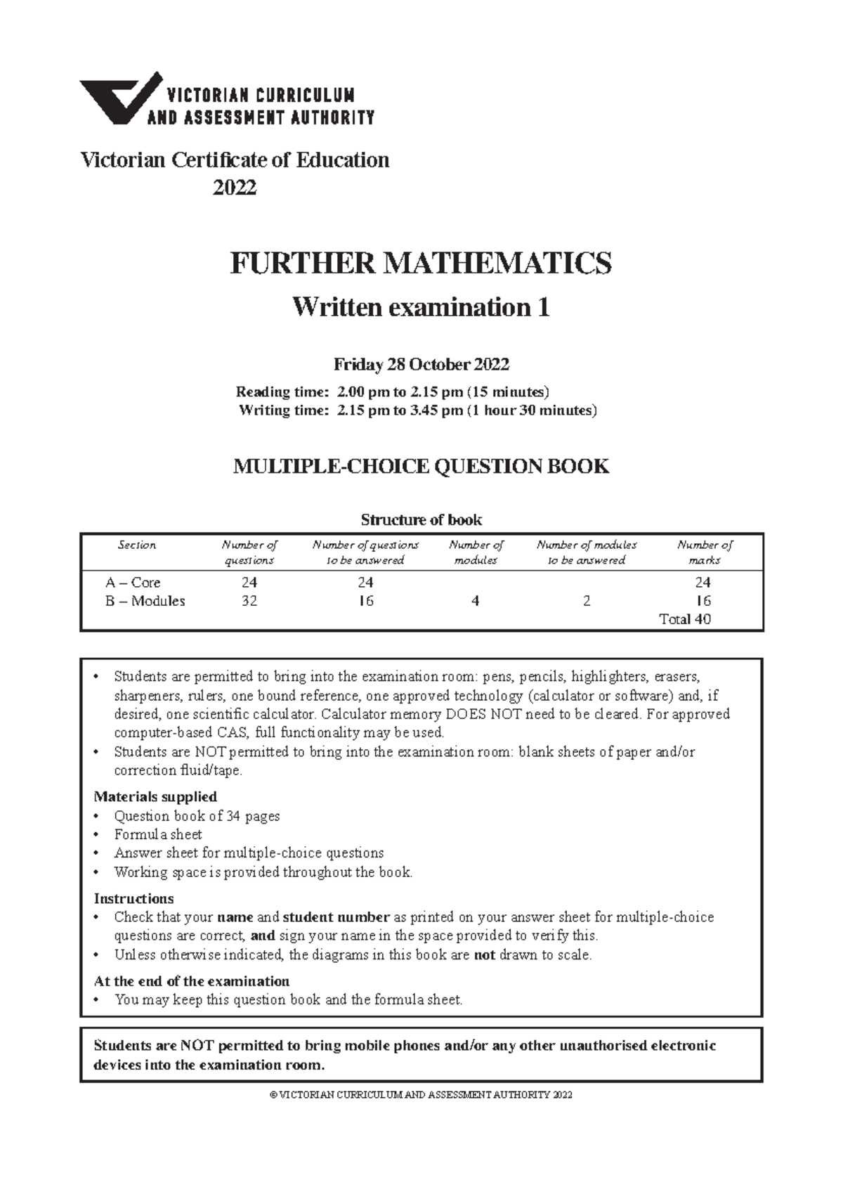 2022 general maths exam part 1 - FURTHER MATHEMATICS Written ...