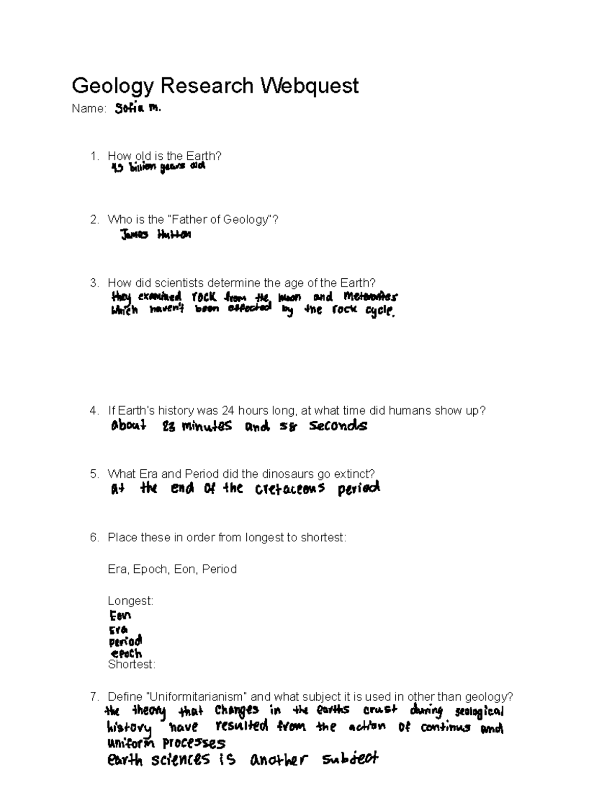 Research Worksheet science - Geology Research Webquest Name: 1. How old ...