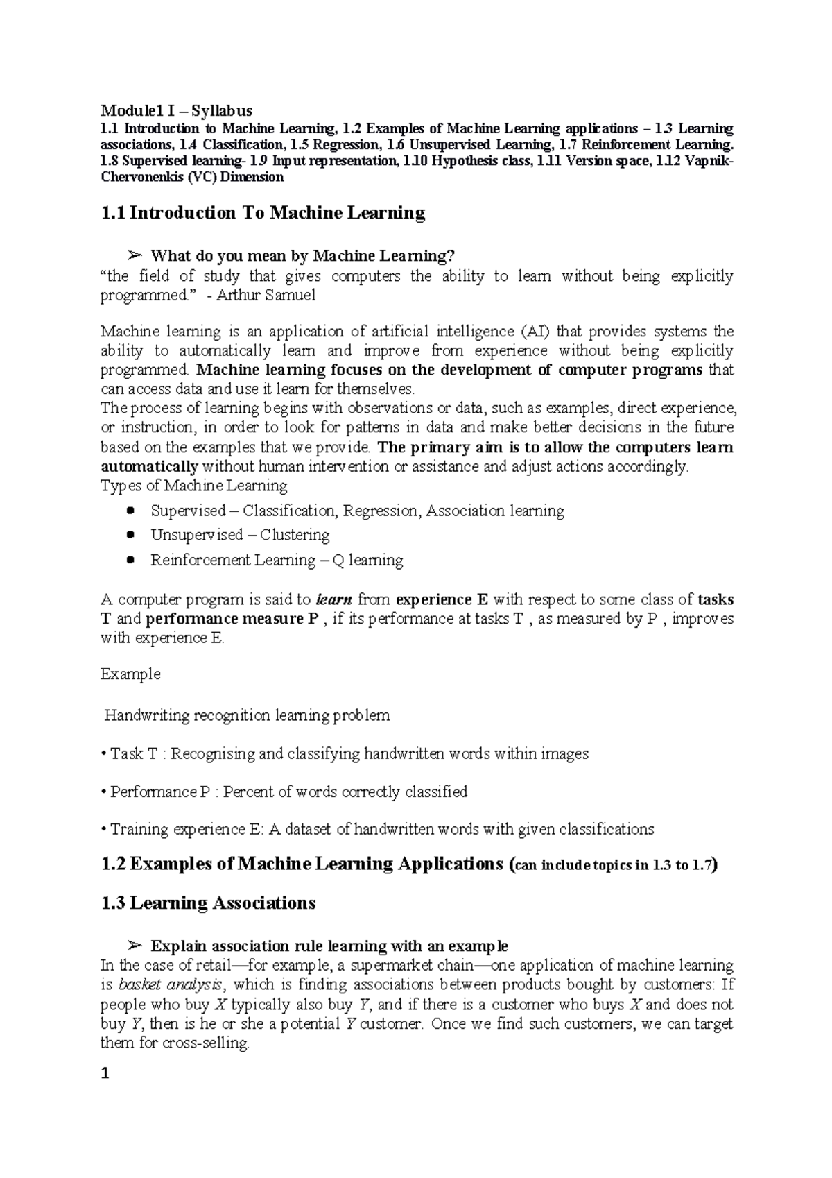 Machine Learning Module 1 1 Prepared By Abin Philip Asst Prof Toc H Module1 I Syllabus 1